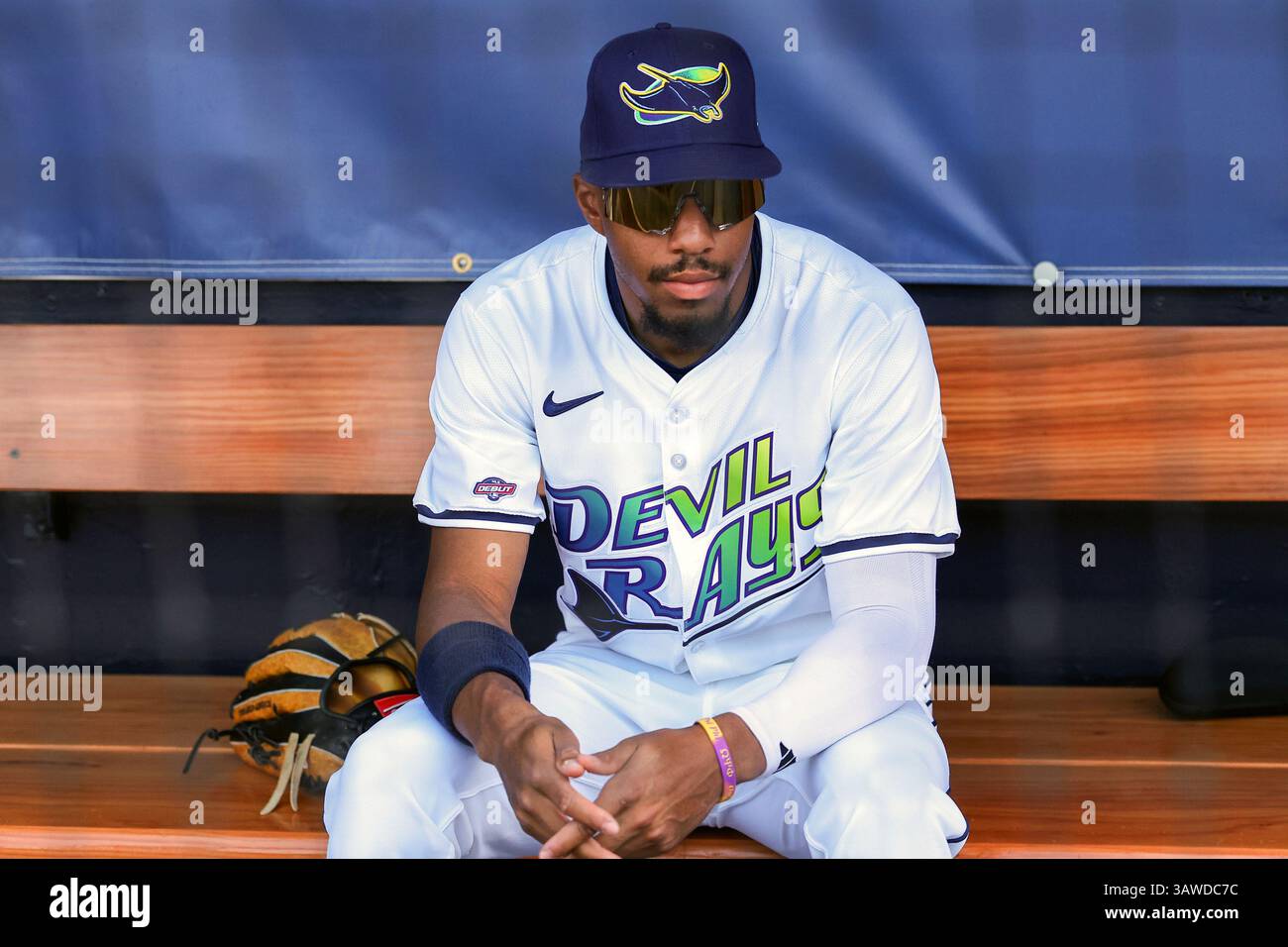 Tampa Bay Rays' Chandler Simpson sits in the dugout before making his major league debut in a ...
