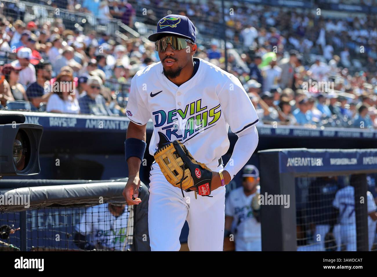 Tampa Bay Rays' Chandler Simpson takes the field for his major league debut in a baseball game ...