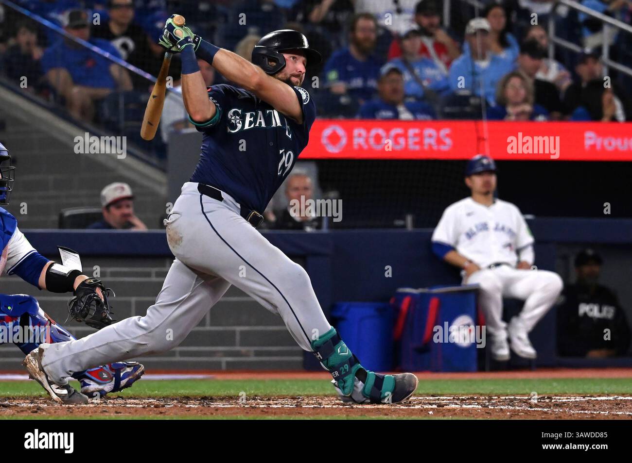 Seattle Mariners catcher Cal Raleigh (29) hits a two run double against ...