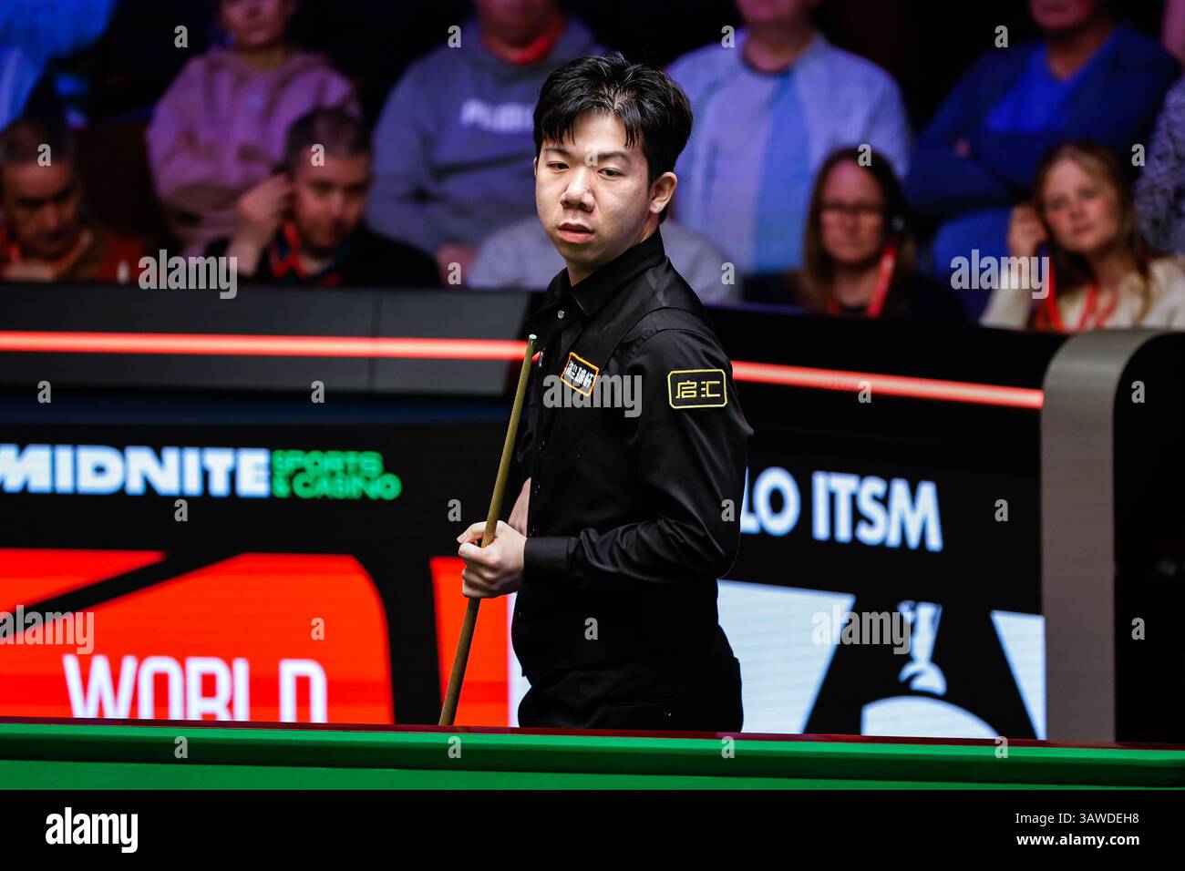 Lei Peifan during the 2025 Halo World Snooker Championship Round 1 match at The Crucible ...