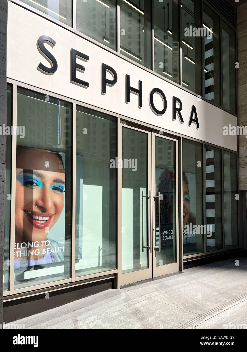 Sephora retail store window with branding. Cosmetics store, trends ...