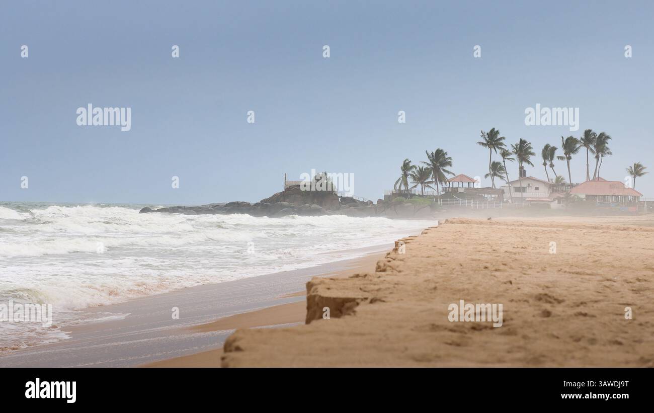 Serene beach scene with rolling waves and tall palm trees framing a ...