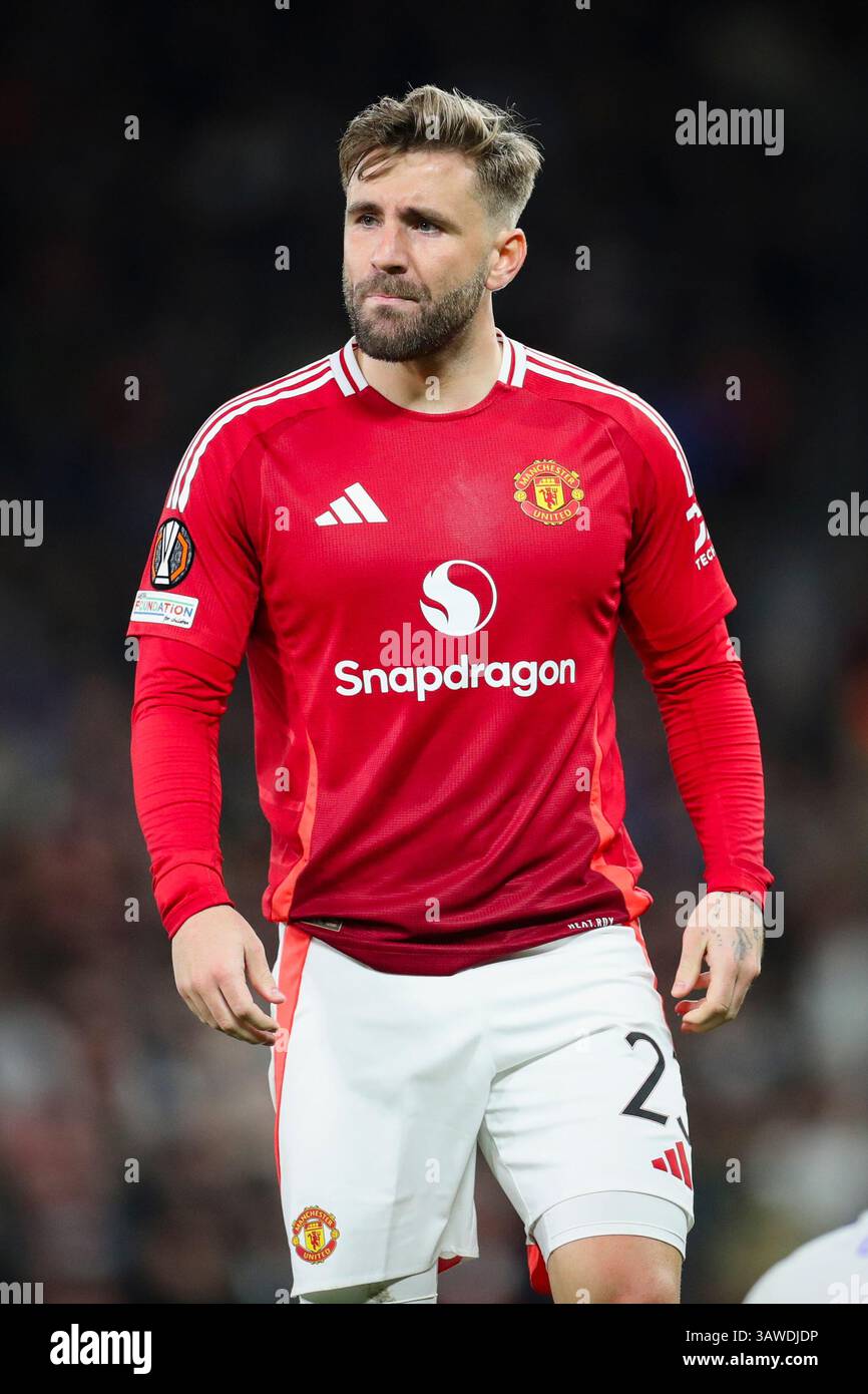 Manchester, UK. 17th Apr, 2025. Manchester United defender Luke Shaw ...