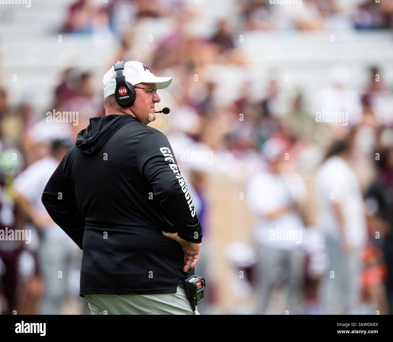 Texas A&M head coach Mike Elko watches from midfield during the team's ...
