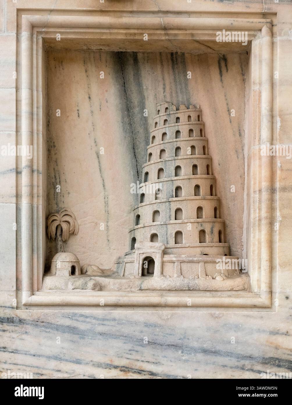 Carving of the mythical Tower of Babel on the front fa ade of the Duomo ...