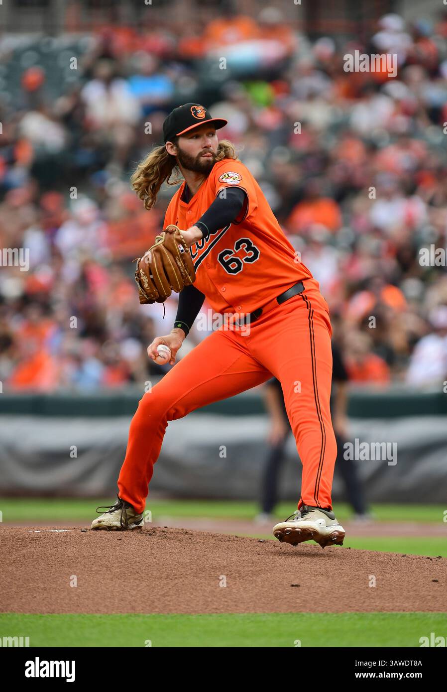 BALTIMORE, MD - APRIL 19: Orioles pitcher Brandon Young (63) throws his first MLB pitch during ...