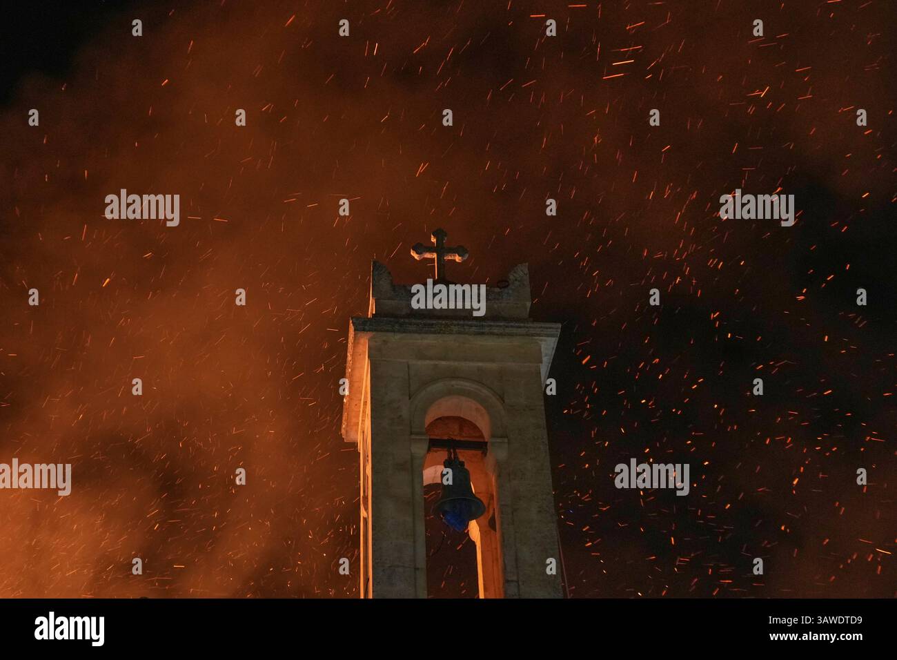 Smoke and sparks of the traditional Easter bonfire, or lambratzia ...