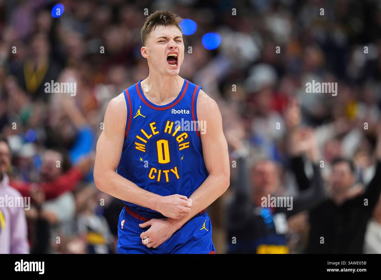 Denver Nuggets guard Christian Braun reacts after hitting a 3-point ...