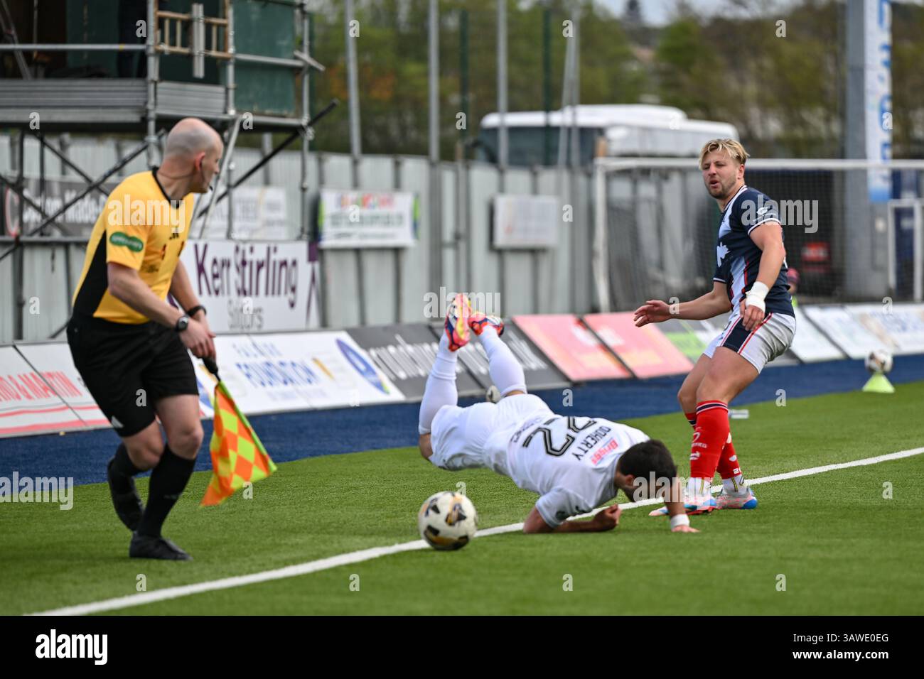 Falkirk, Scotland, UK. 19th April, 2025. Sean Mackie of Falkirk fouls ...