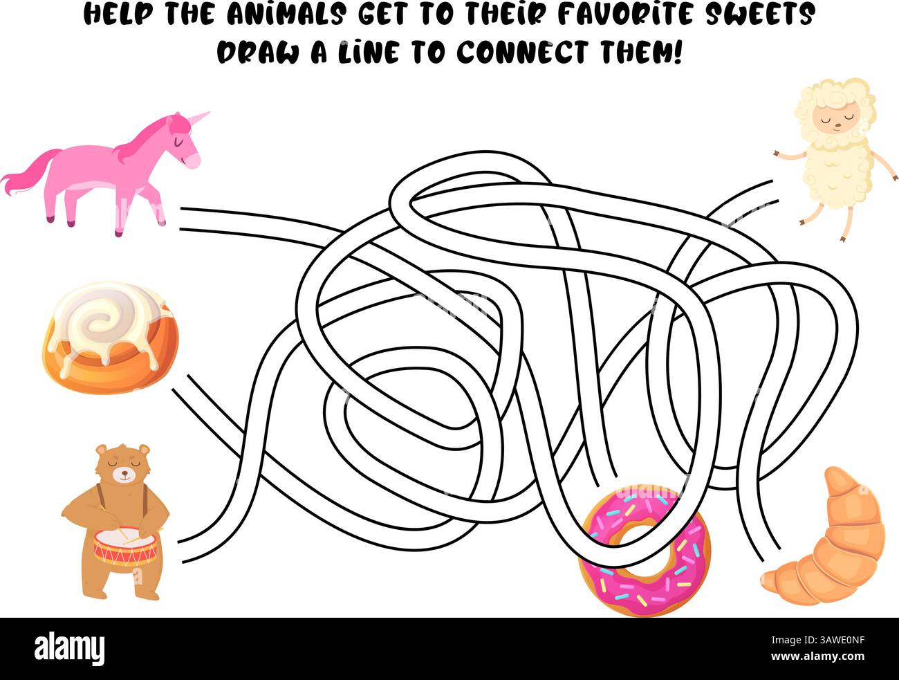 Cute animal maze with sweets and desserts for kids educational activity ...