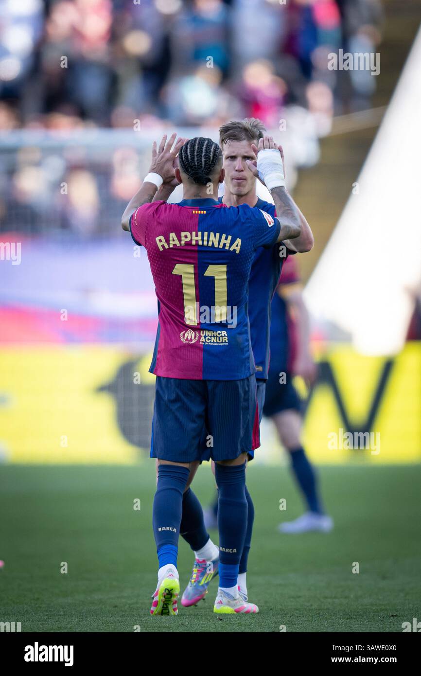 Barcelona, Spain. 19th Apr, 2025. Dani Olmo (FC Barcelona) and Raphael Dias Belloli "Raphinha ...