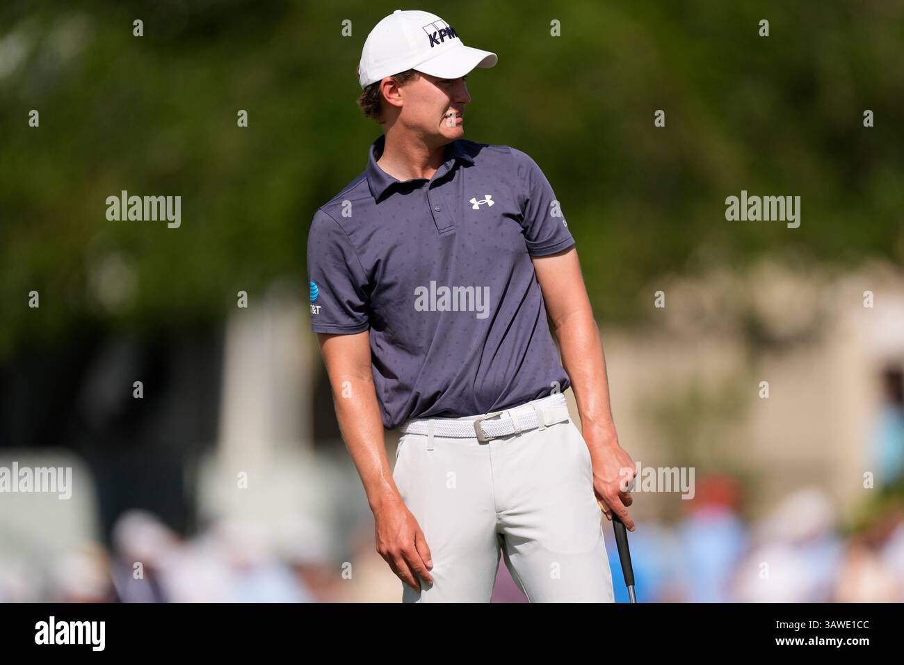 Maverick McNealy reacts to his putt on the 16th green during the third ...