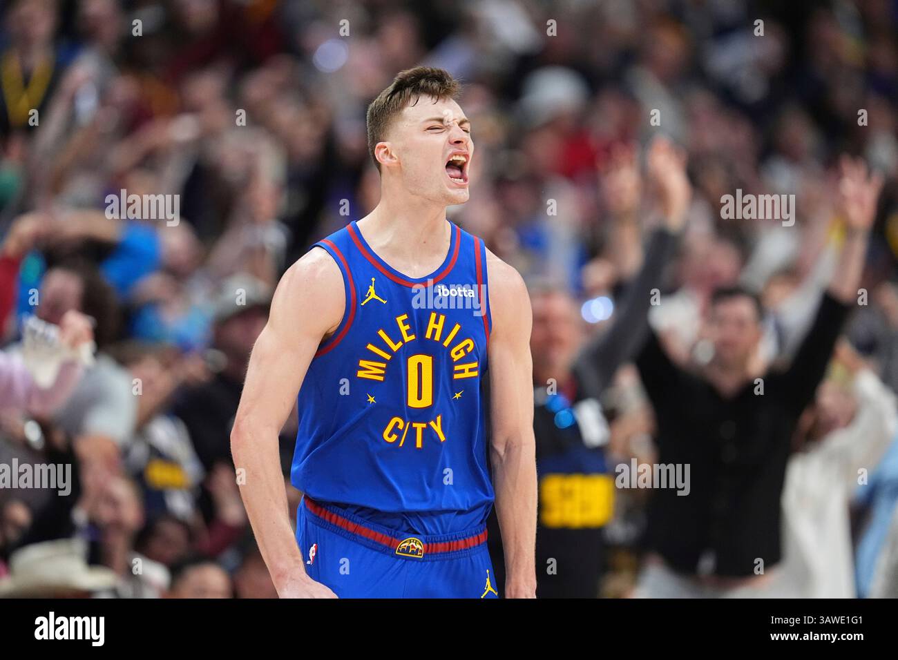 Denver Nuggets guard Christian Braun reacts after hitting 3-point ...
