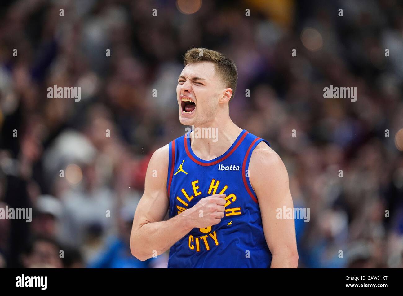 Denver Nuggets guard Christian Braun reacts after hitting a 3-point ...