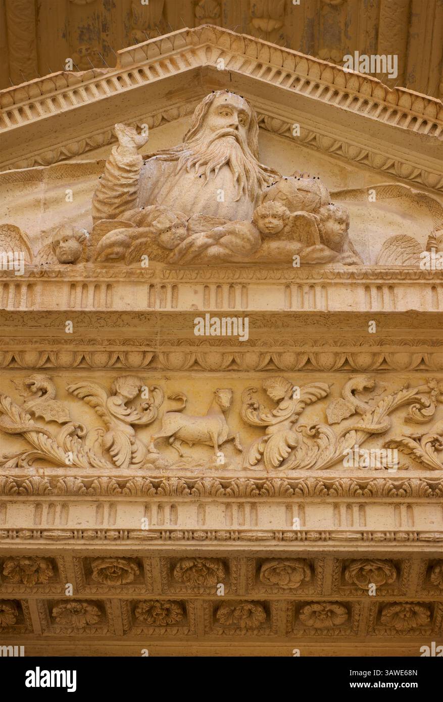 Detail of the baroque exterior stone carvings above the doorway of the ...