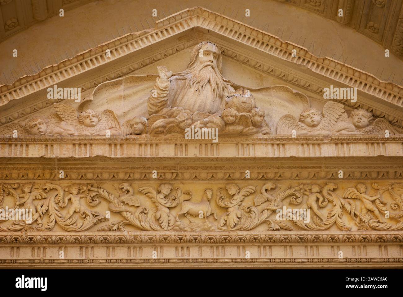 Detail of the baroque exterior stone carvings above the doorway of the ...