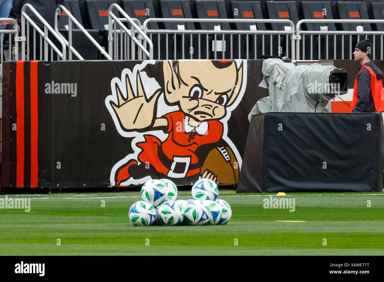 April 19, 2025: A stack of soccer balls awaits usage prior to the Major ...