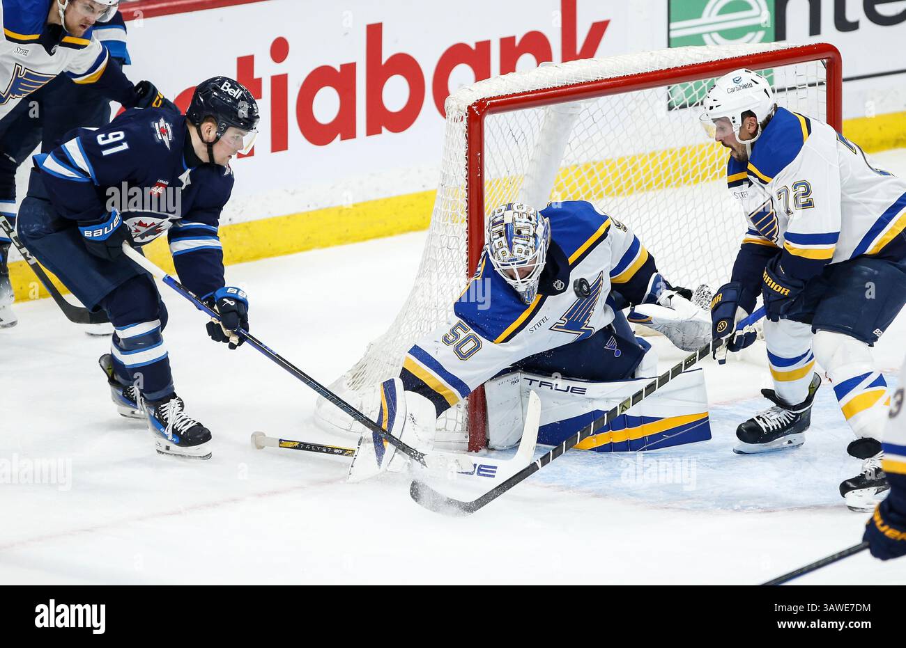 St. Louis Blues goaltender Jordan Binnington (50) saves the shot from ...