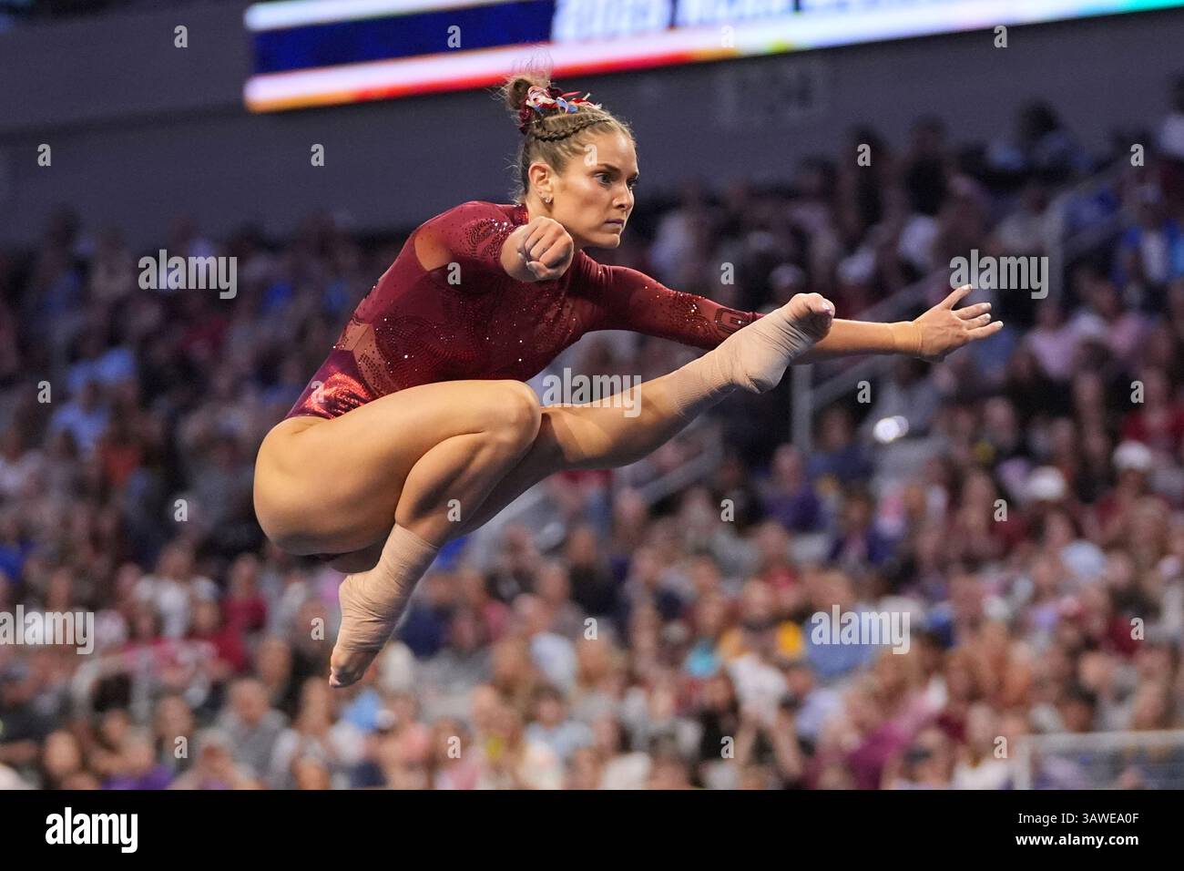 Oklahoma's Jordan Bowers competes on the floor exercise during the NCAA ...