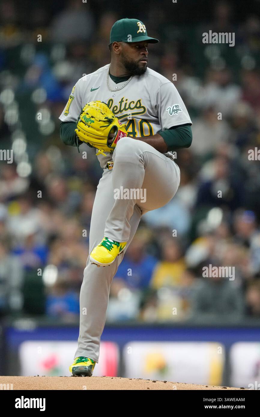 Athletics' Luis Severino pitches during the first inning of a baseball ...