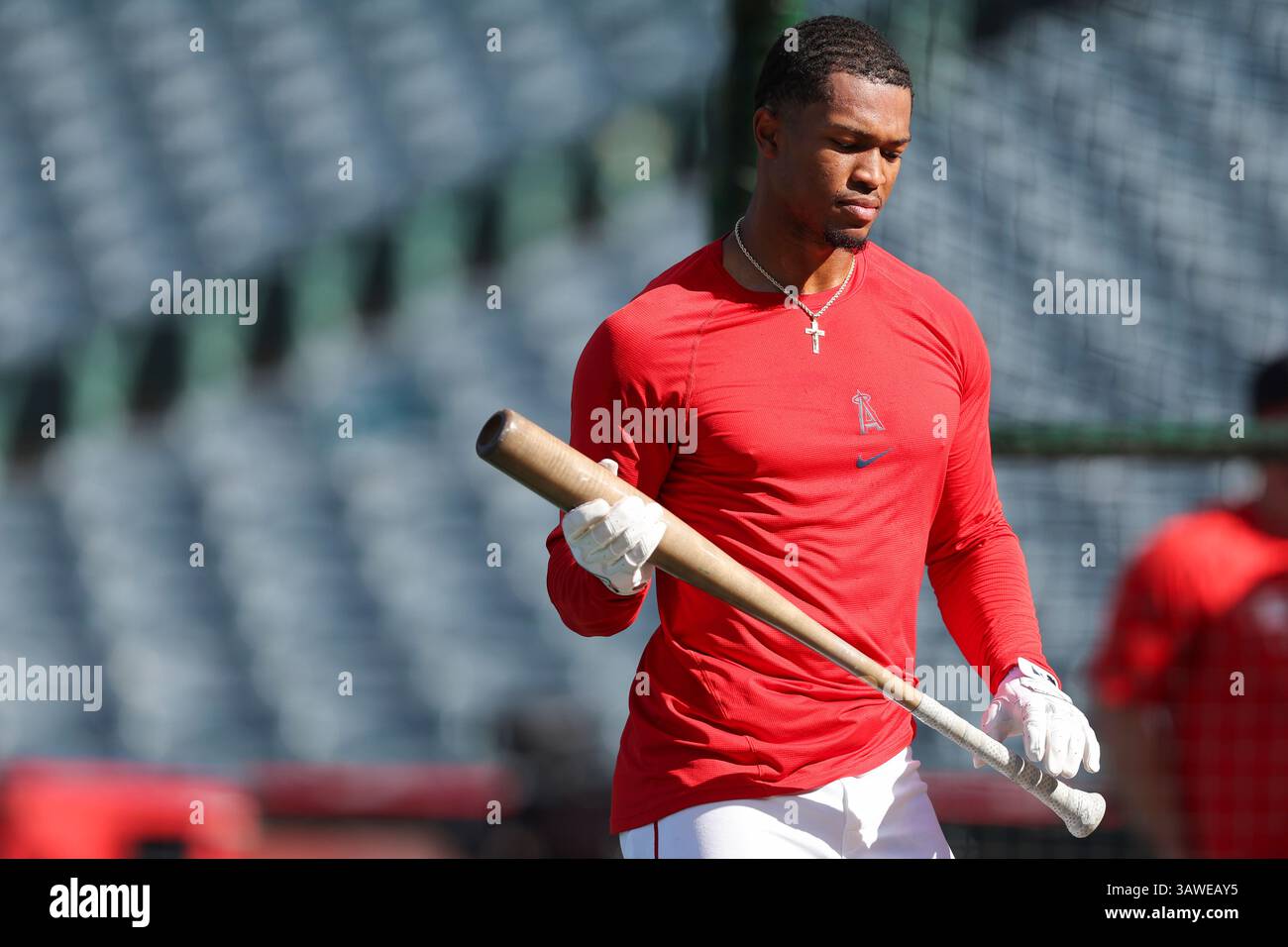 Los Angeles Angels' Kyren Paris walks out of the batting cage during ...