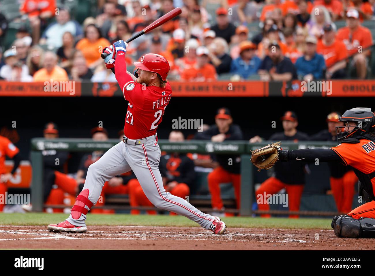 Cincinnati Reds' Jake Fraley (27) hits a solo home run in the second ...