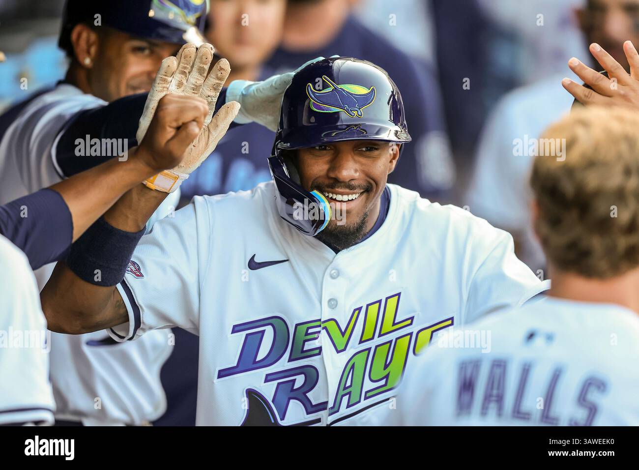 Tampa Bay Rays' Chandler Simpson is congratulated after scoring during ...