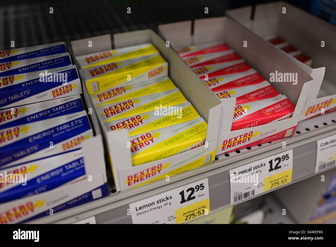 Bjärnum, Skåne, Sweden. April 17 2025. Dextro Energy boxes for sale ...