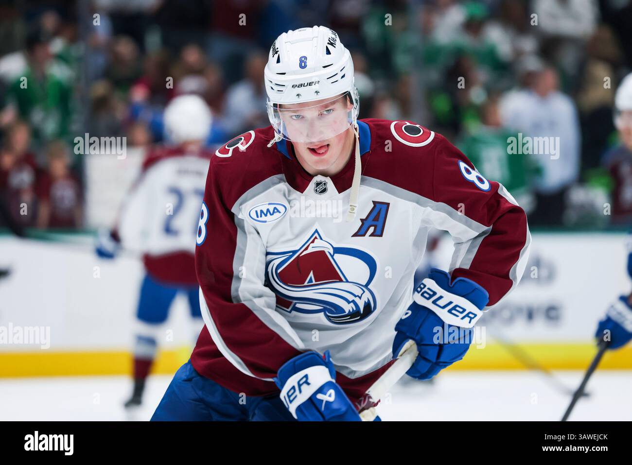Colorado Avalanche defenseman Cale Makar (8) warms up before a first ...