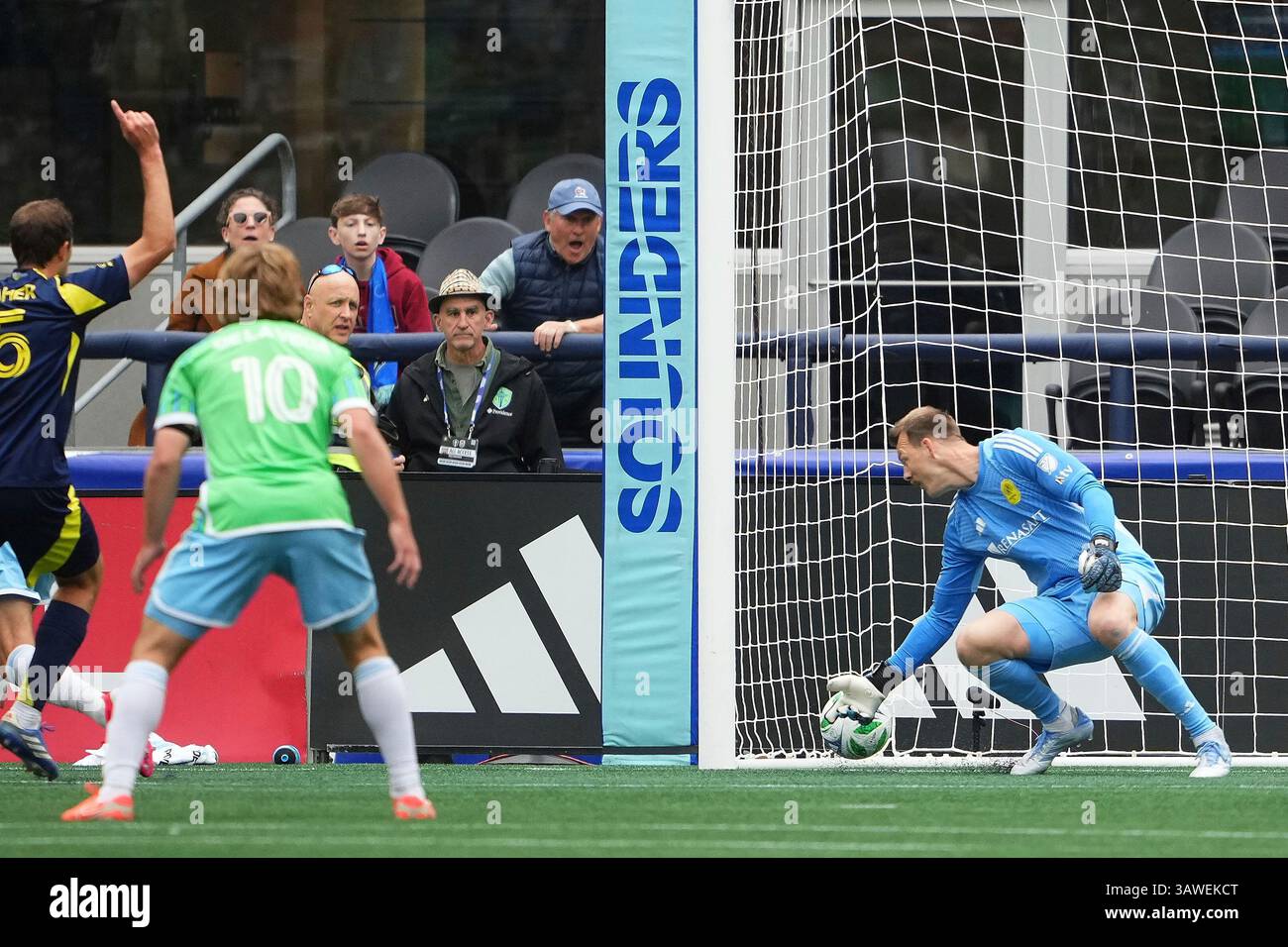 Nashville SC goalkeeper Joe Willis allows a goal by Seattle Sounders ...