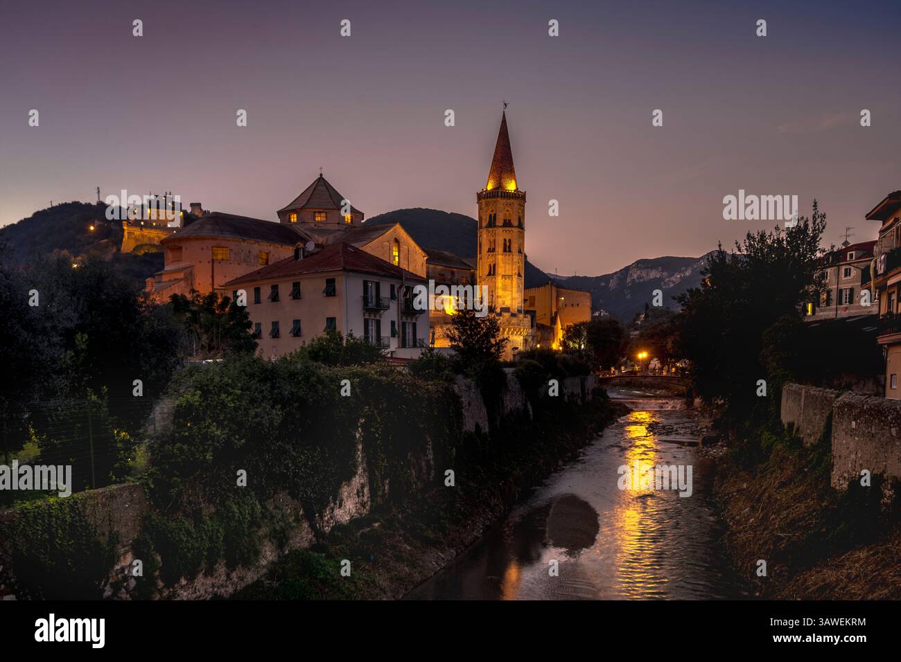 The medieval village of Finalborgo with the octagonal belltower of the ...
