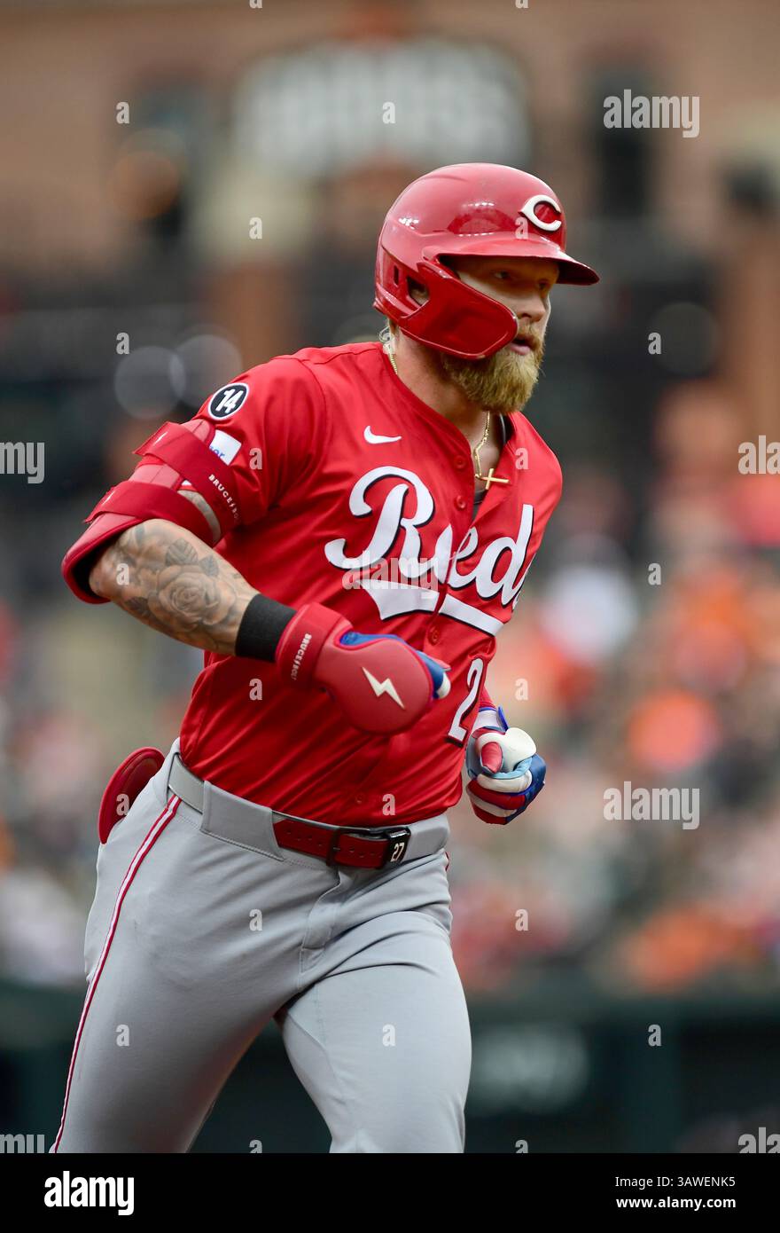 BALTIMORE, MD - APRIL 19: Reds right fielder Jake Fraley (27) rounds ...