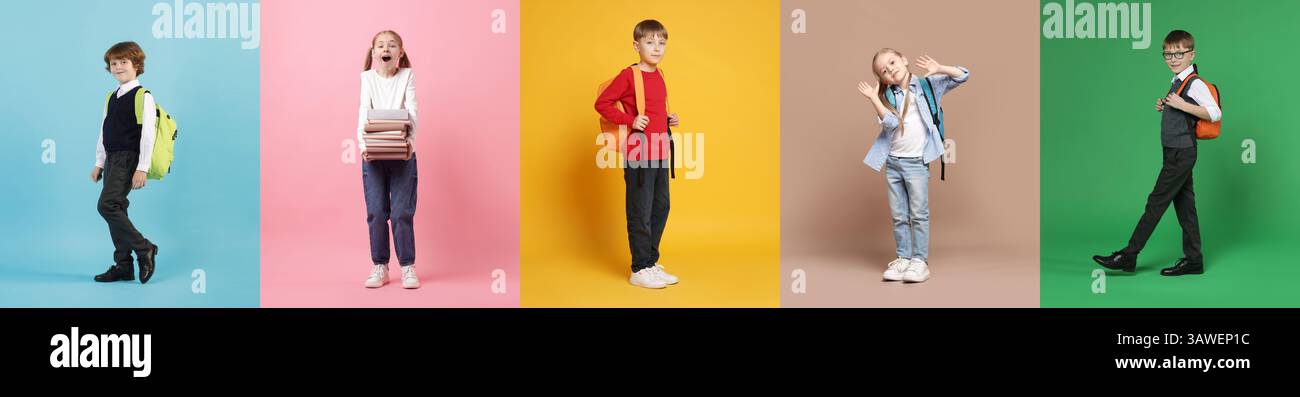 Cute school children on different color backgrounds. Back to school ...
