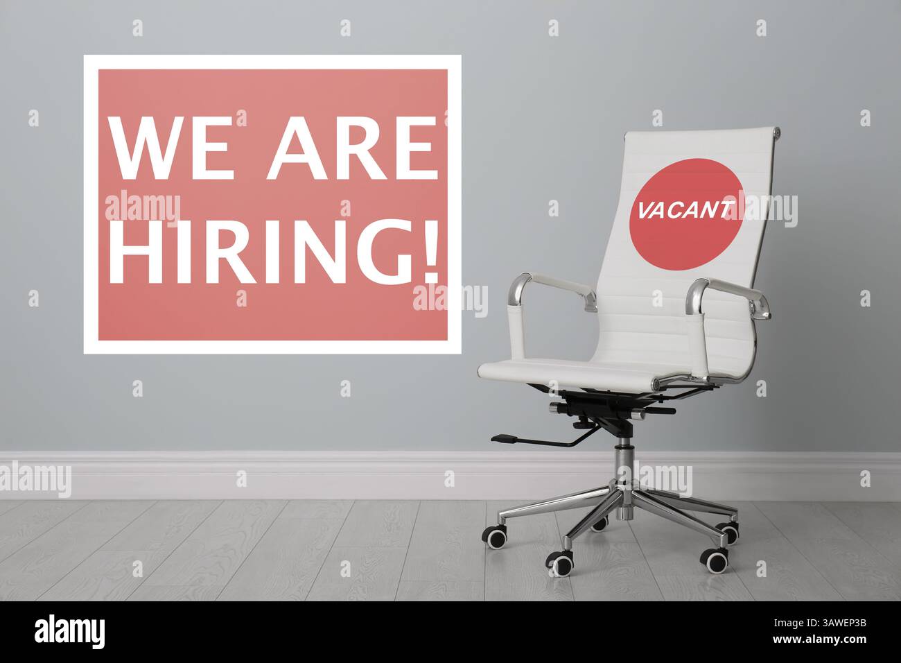 We are hiring. Empty office chair with word Vacant in room. Recruitment ...