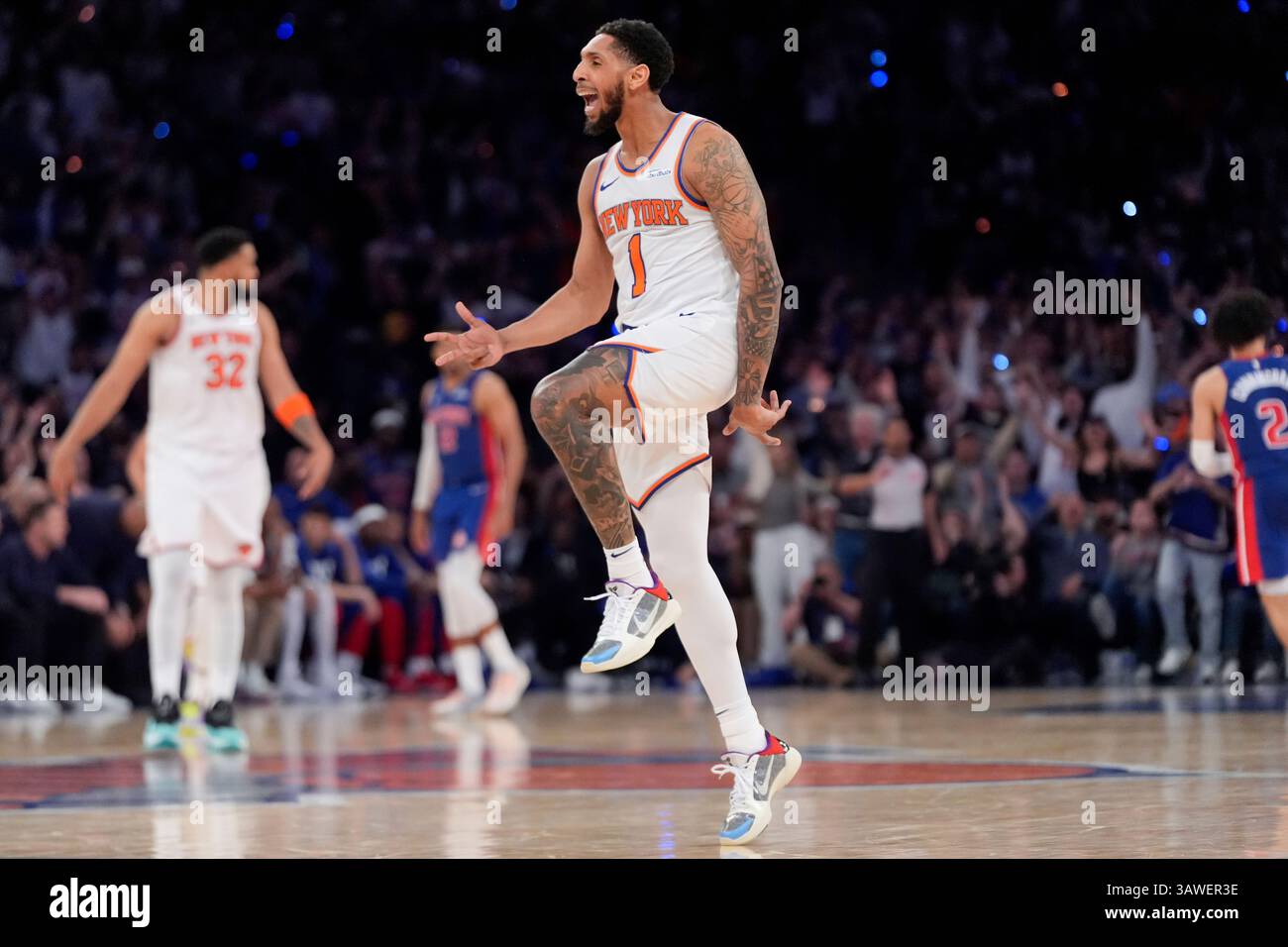 New York Knicks guard Cameron Payne reacts during the second half of Game 1 in an NBA basketball ...