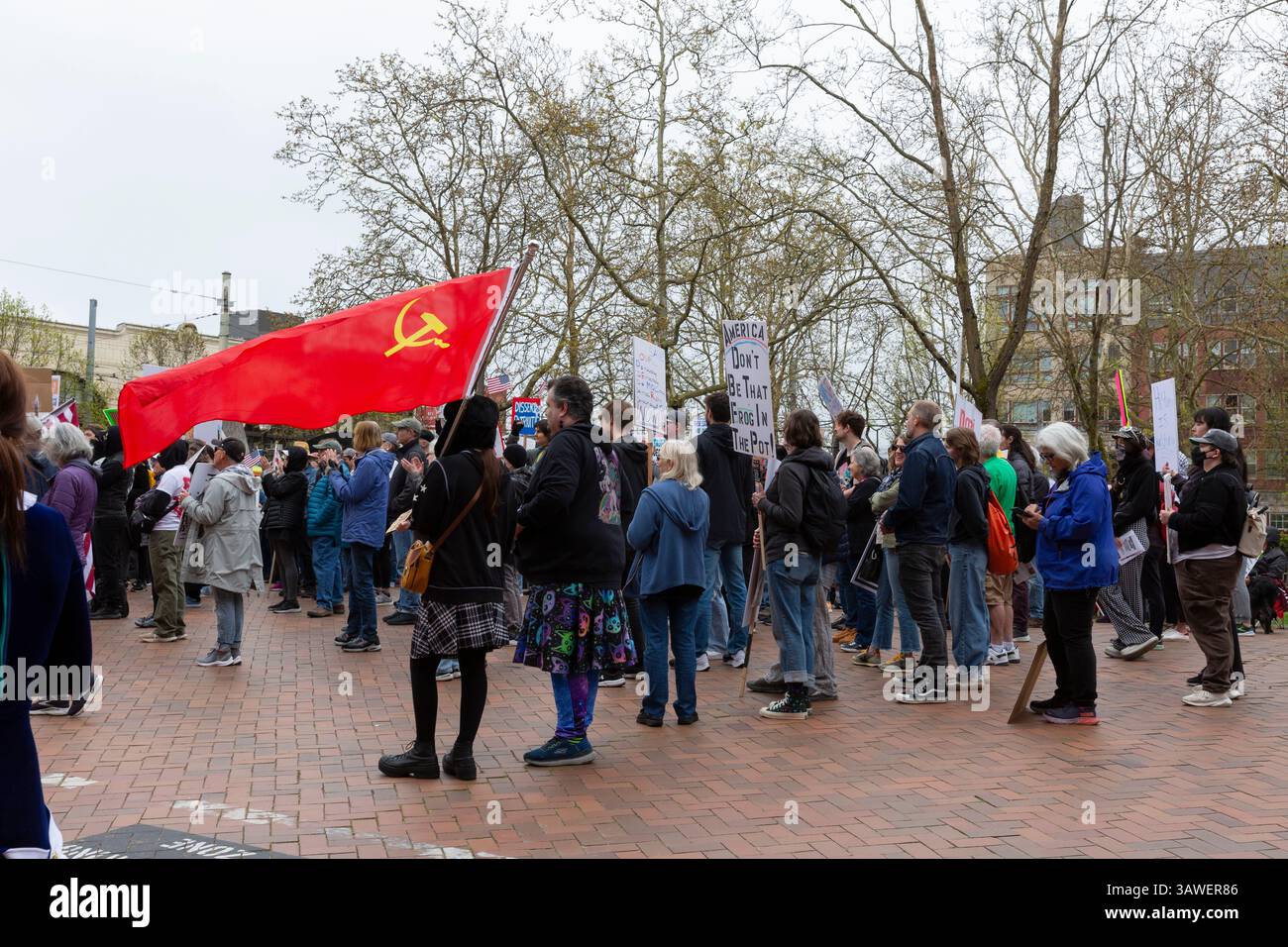 Seattle, Washington, USA. 19th April 2025. Hundreds of protesters and ...