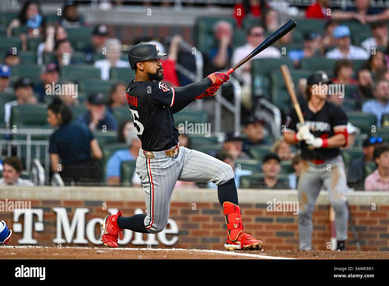 ATLANTA, GA – APRIL 19: Minnesota outfielder Byron Buxton (25) triples ...