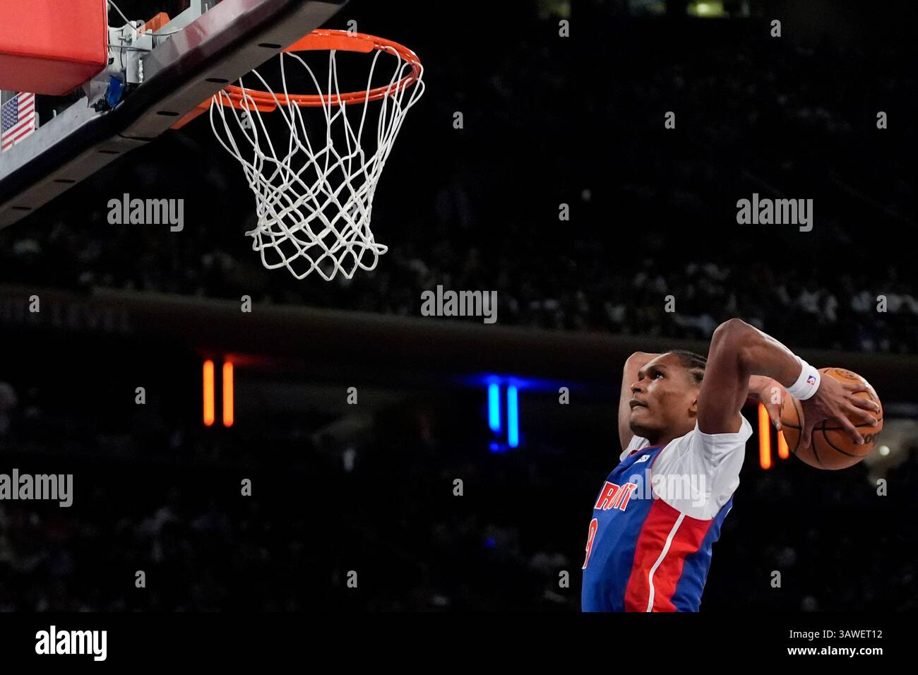 Detroit Pistons forward Ausar Thompson dunks during the second half of Game 1 in an NBA ...