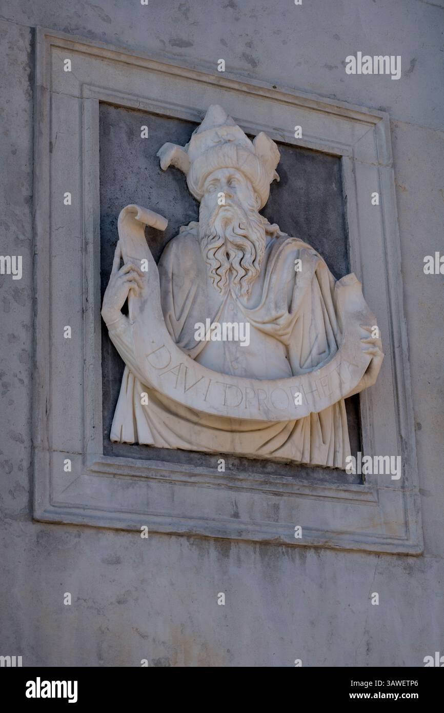Ornate carving on the facade of San Lorenzo Cathedral in Lugano, Ticino ...
