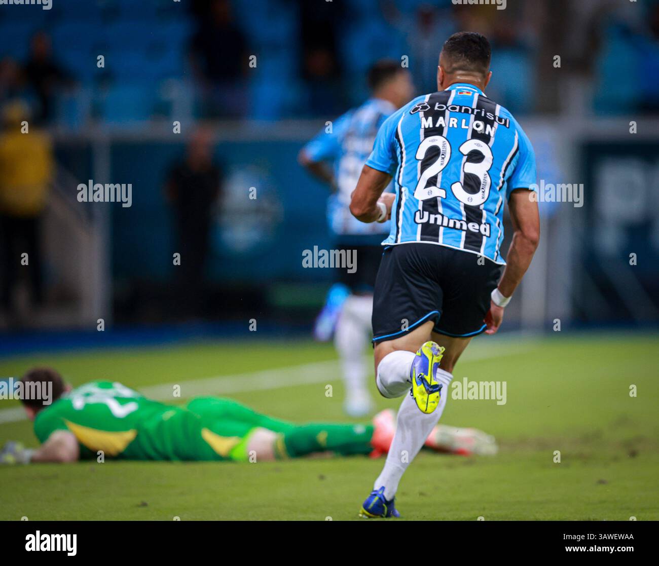 Porto Alegre, Brazil. 19th Apr, 2025. Marlon of Gremio celebrates the ...