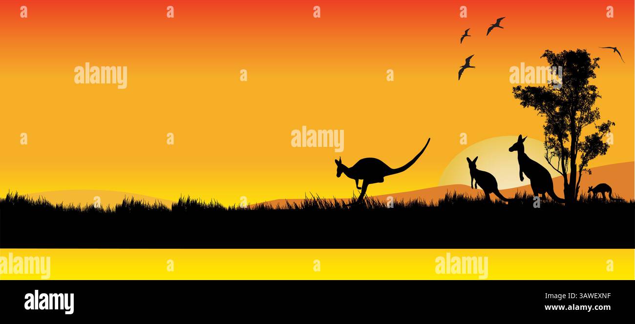 This silhouette showcases kangaroos gracefully hopping against a ...