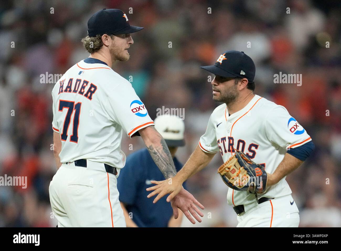 Houston Astros relief pitcher Josh Hader (71) and second baseman Jose ...