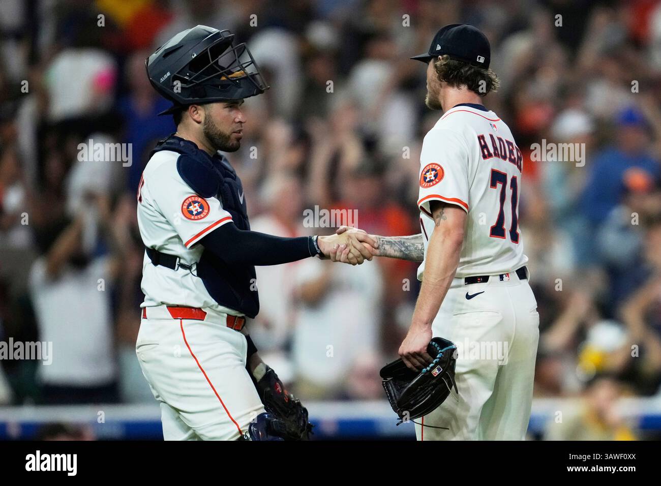 Houston Astros catcher Victor Caratini and relief pitcher Josh Hader ...