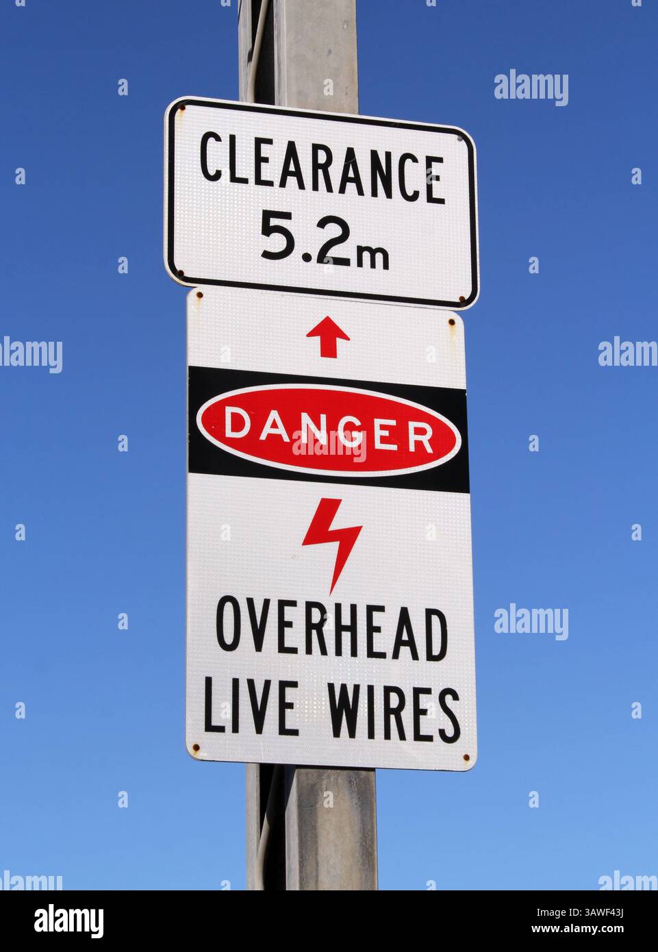 "Danger Overhead Live Wires" warning signs mounted on a pole against a ...