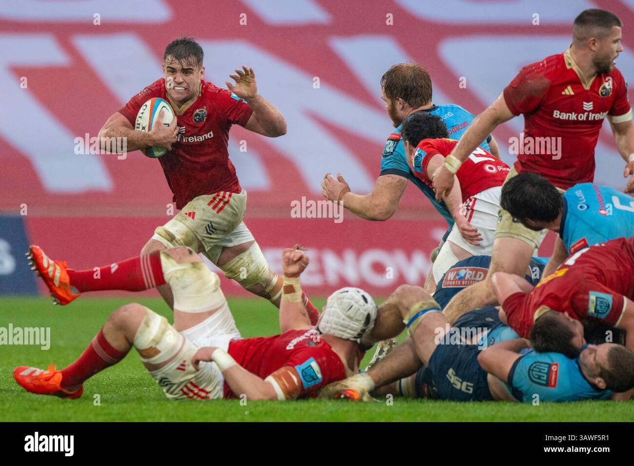 Limerick, Ireland. 20th Apr, 2025. Alex Kendellen of Munster runs with ...