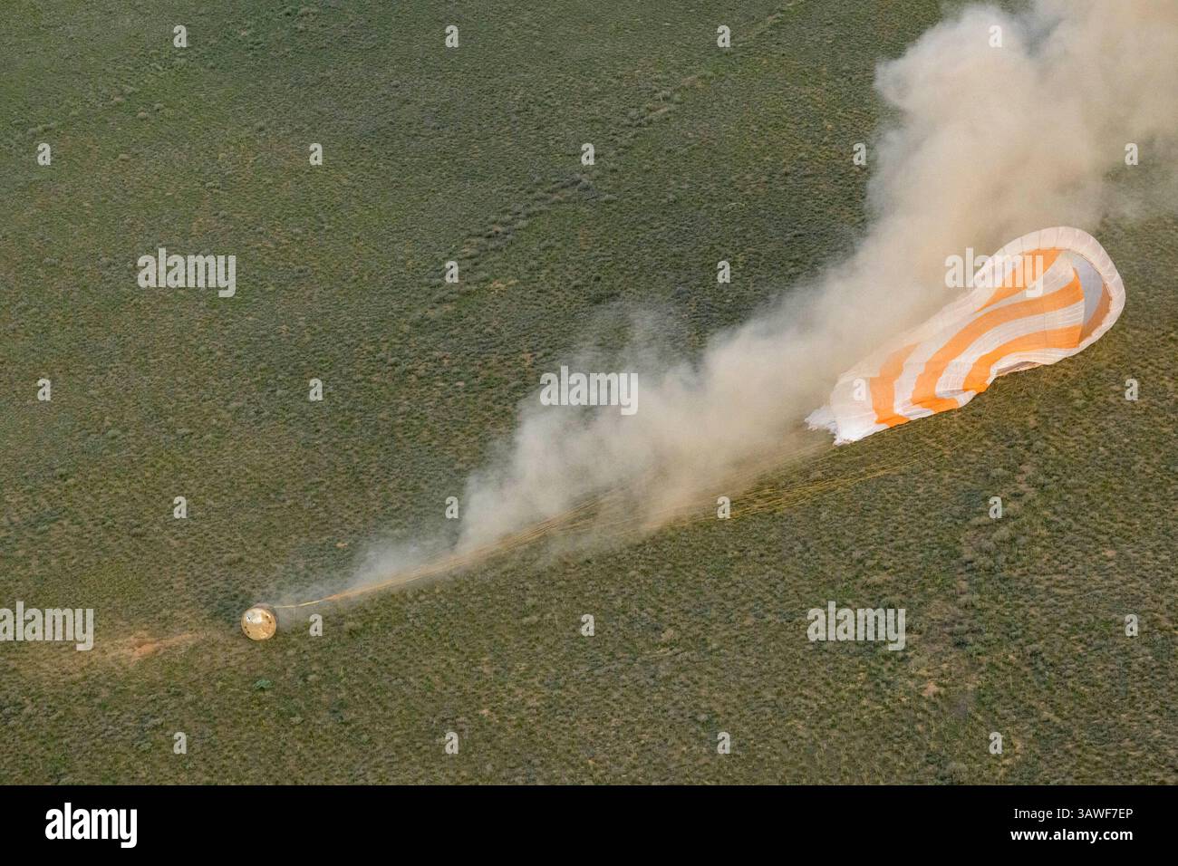 The Soyuz MS-26 spacecraft lands in a remote area near the town of Zhezkazgan, Kazakhstan, with ...