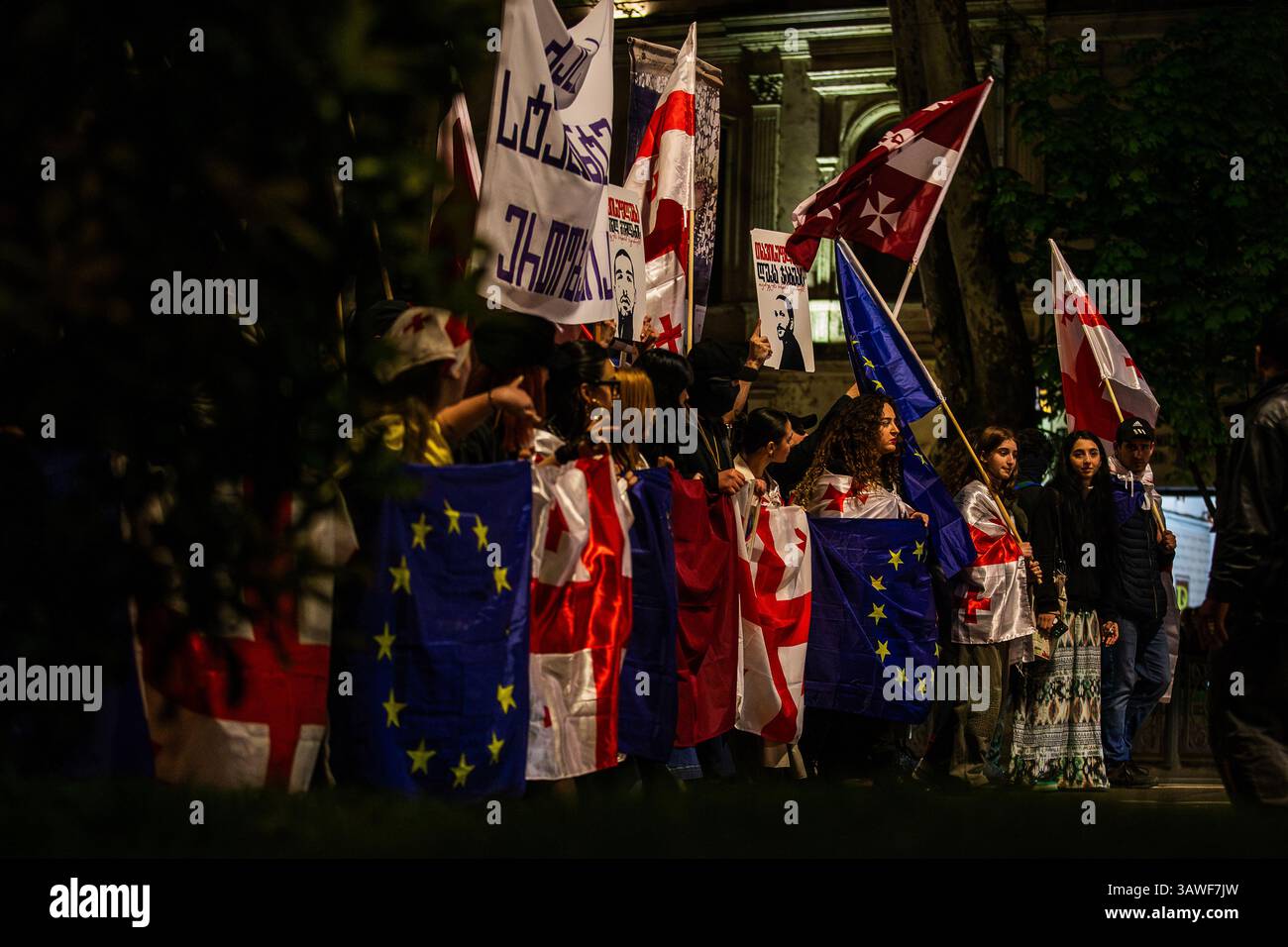 Tbilisi, Georgia, April 19, 2025. Flags of the European Union and ...
