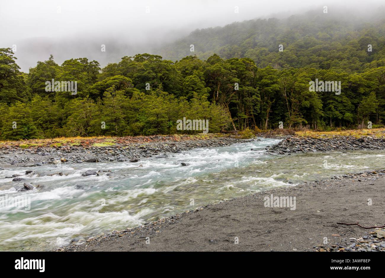 The beautiful Makarora River at the Blue pools walking track in South ...