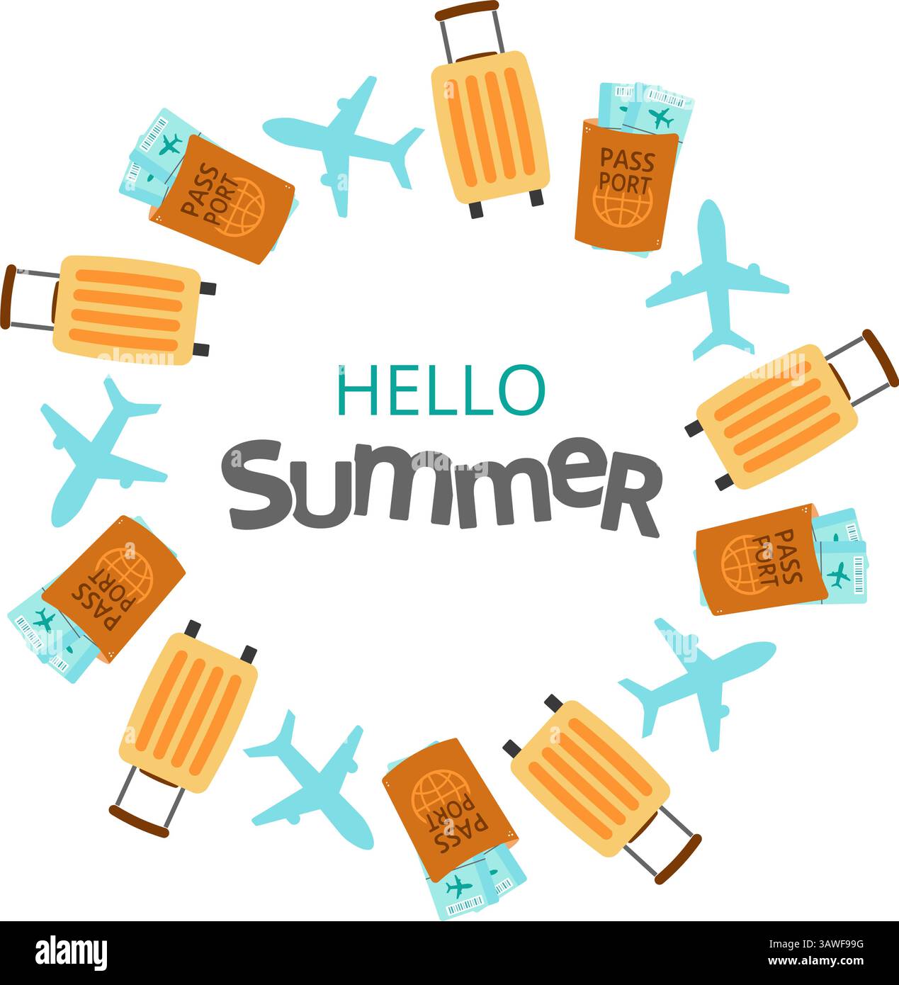 Summer frame with suitcases, passports, tickets, and airplanes. Ideal ...
