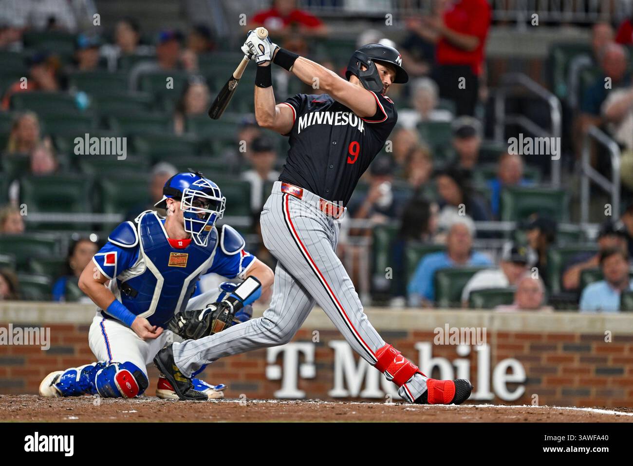 ATLANTA, GA – APRIL 19: Minnesota outfielder Trevor Larnach (9) hits a ...